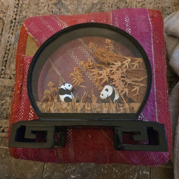 Art | Vintage Chinese Hand Carved Cork Oval Diorama On Stand W Panda ...